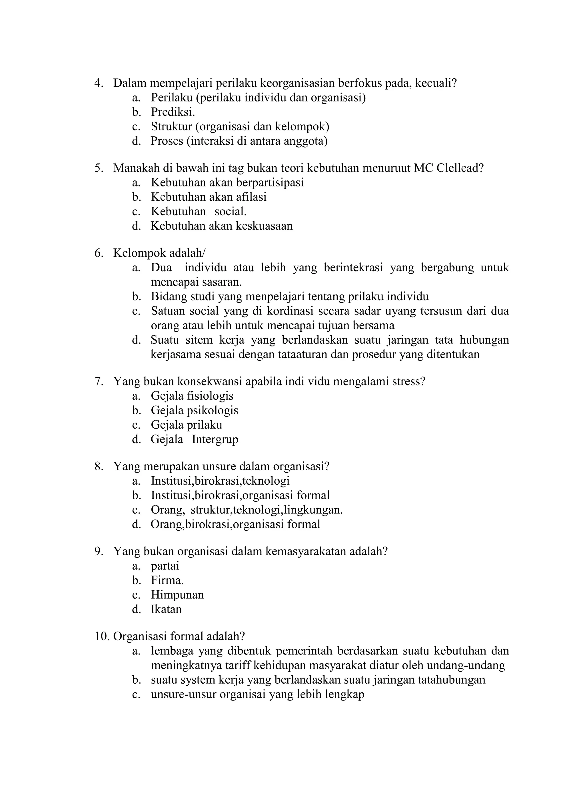 Contoh soal PG untuk Perilaku Keorganisasian | DOCX