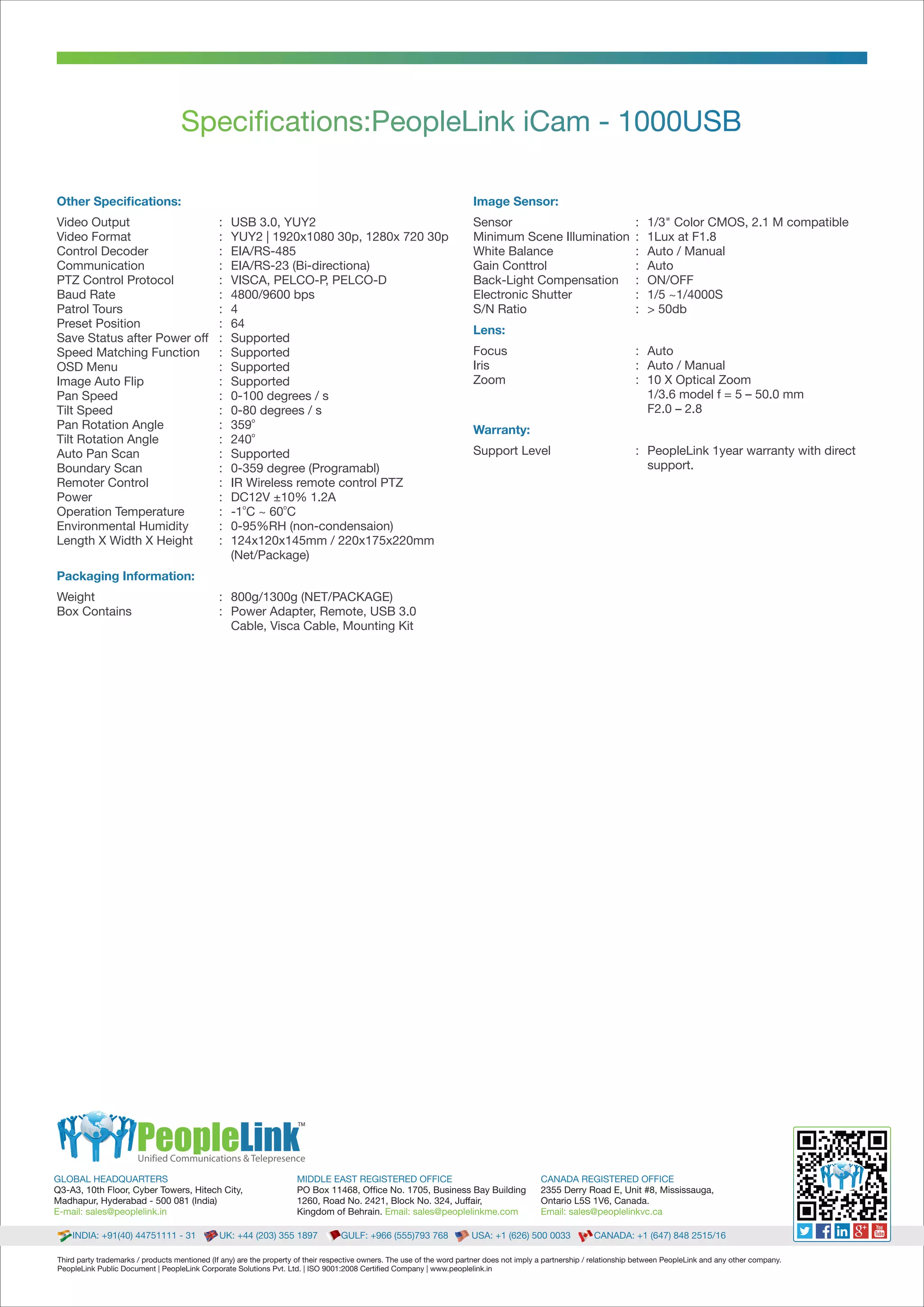 PeopleLink iCam HD 1000 USB PTZ Camera | PDF