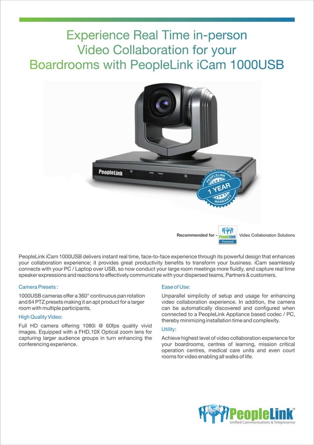 PeopleLink iCam HD 1000 USB PTZ Camera | PDF