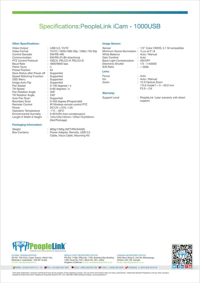 PeopleLink iCam HD 1000 USB PTZ Camera | PDF