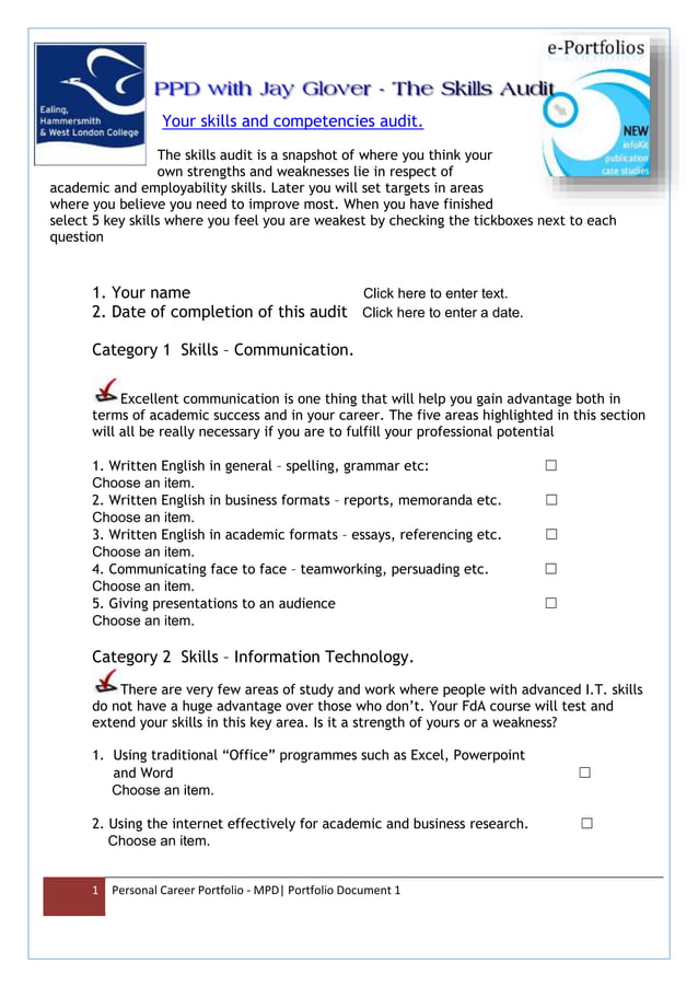 Pep 1. skills audit | DOCX | Resume Writing and Advice | Job Search