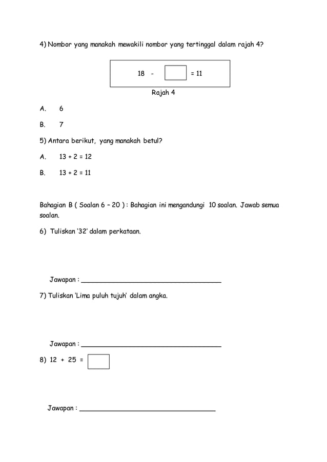 Soalan Peperiksaan Akhir Tahun Matematik Tahun 1 2015 Kertas 1 | DOCX