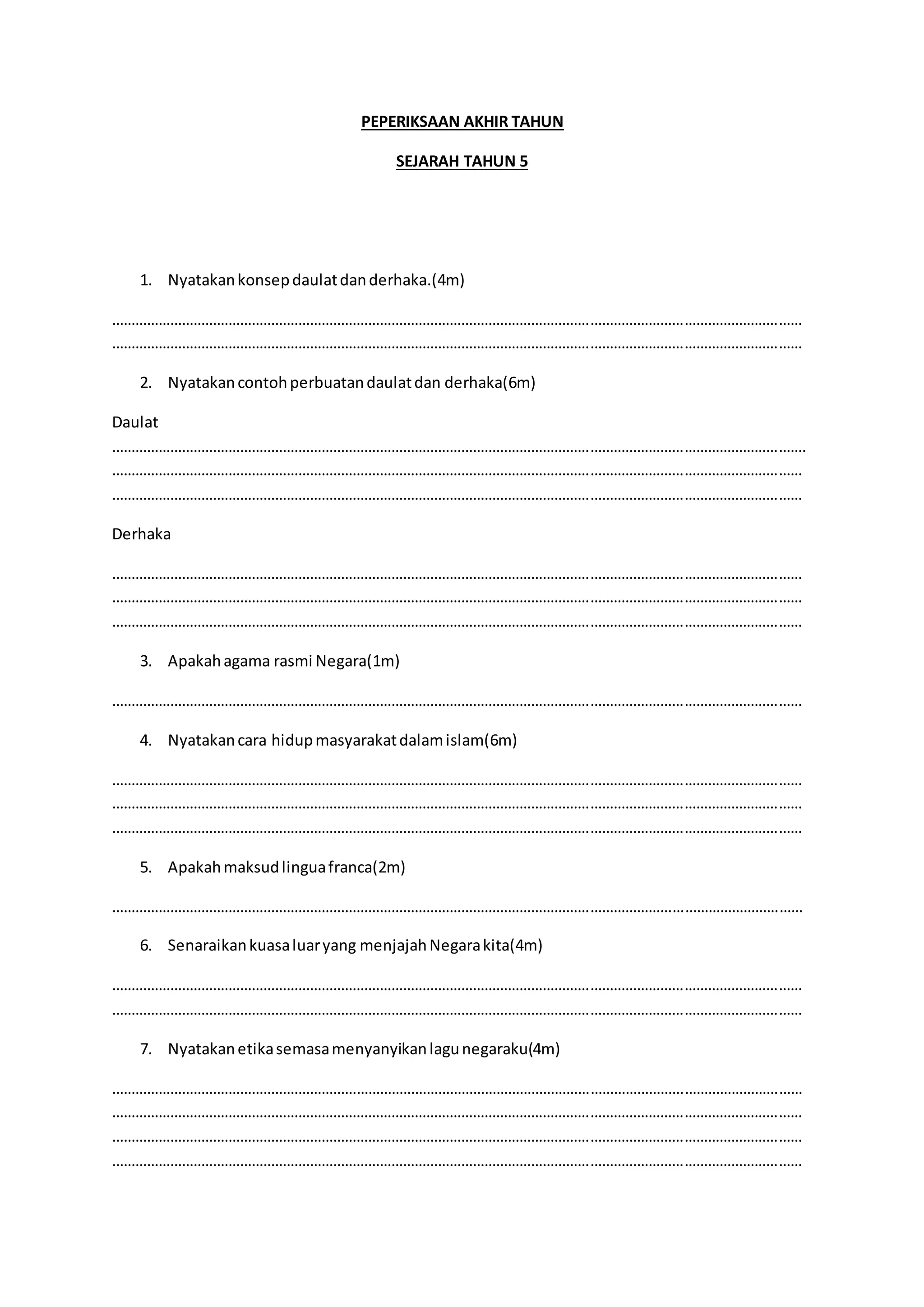 PEPERIKSAAN AKHIR TAHUN SEJARAH TAHUN 5 (SUB) | PDF