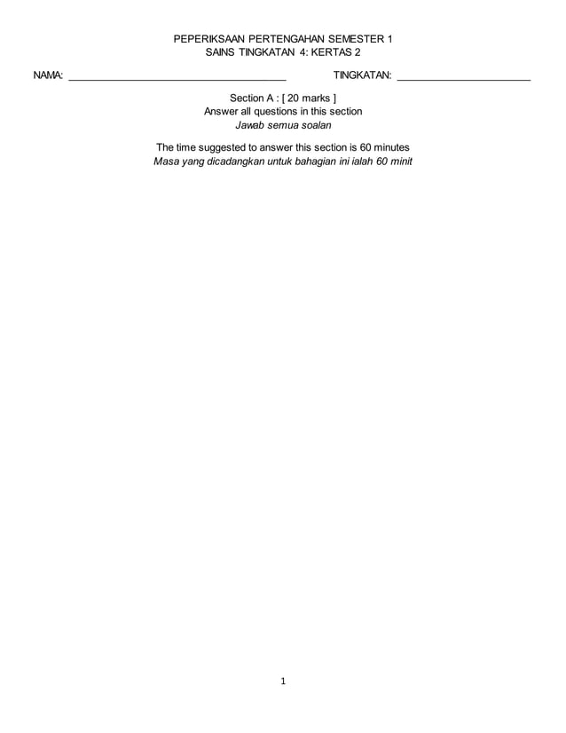 Peperiksaan pertengahan semester 1 sains tingkatan 4 | DOCX
