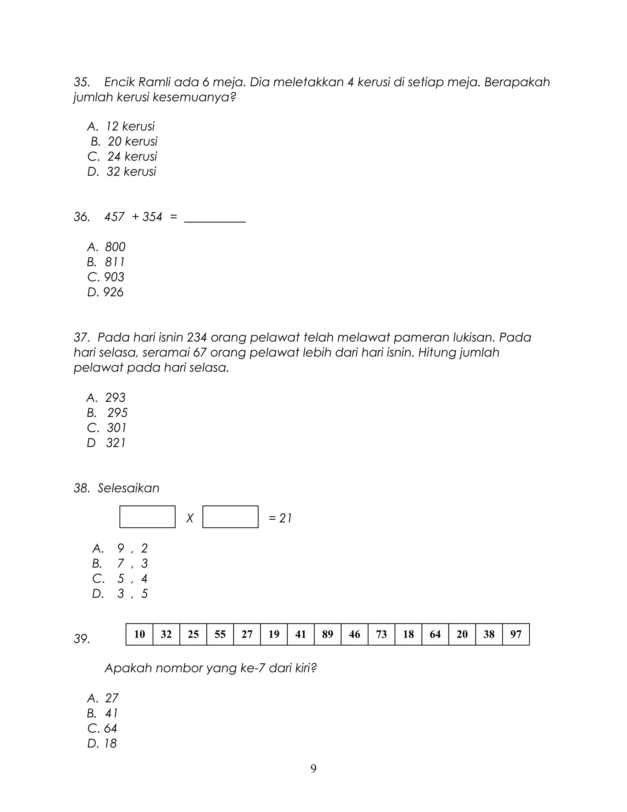 Peperiksaan pertengahan tahun matematik tahun 2 kertas 1 | DOC