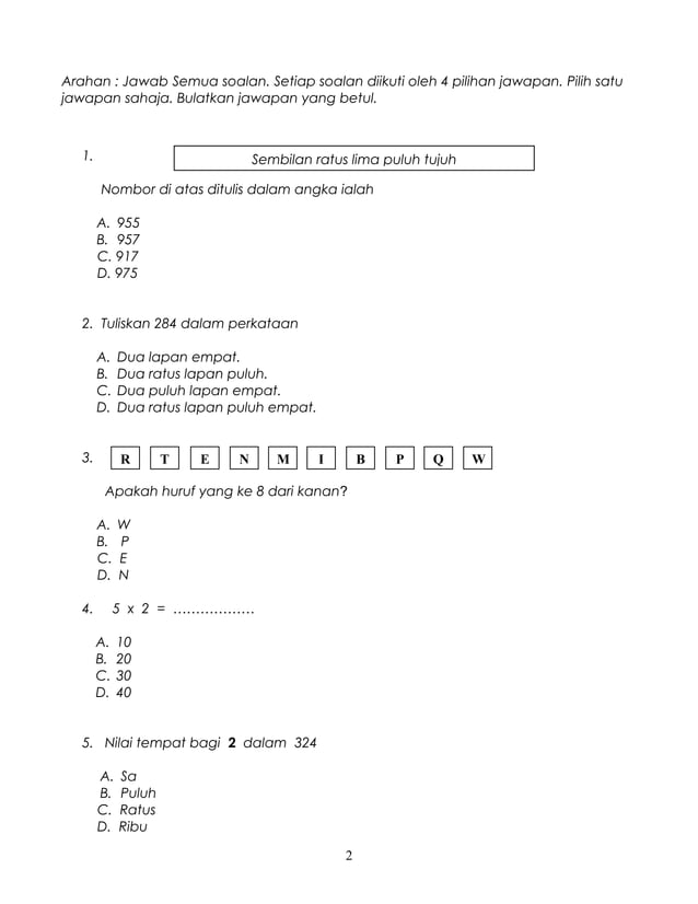 Peperiksaan pertengahan tahun matematik tahun 2 kertas 1 | DOC