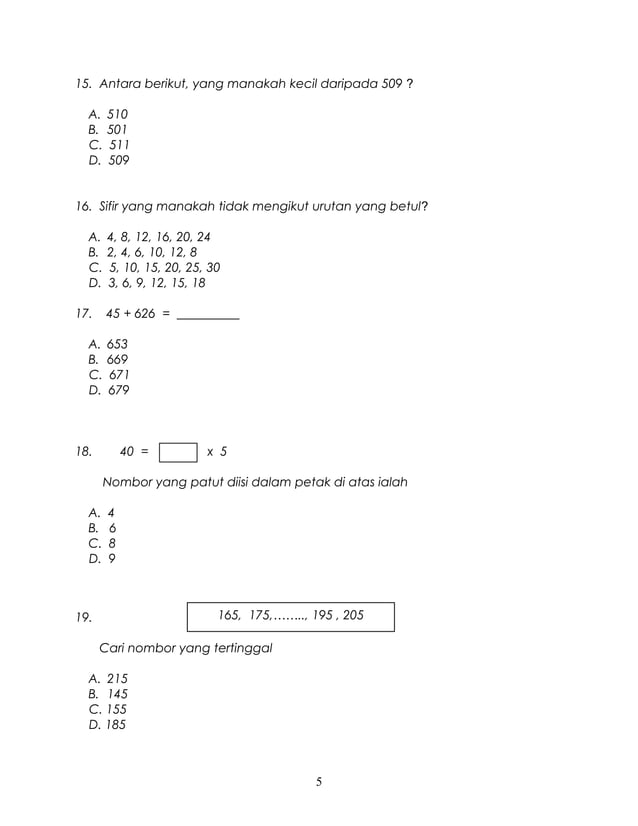 Peperiksaan pertengahan tahun matematik tahun 2 kertas 1 | DOC