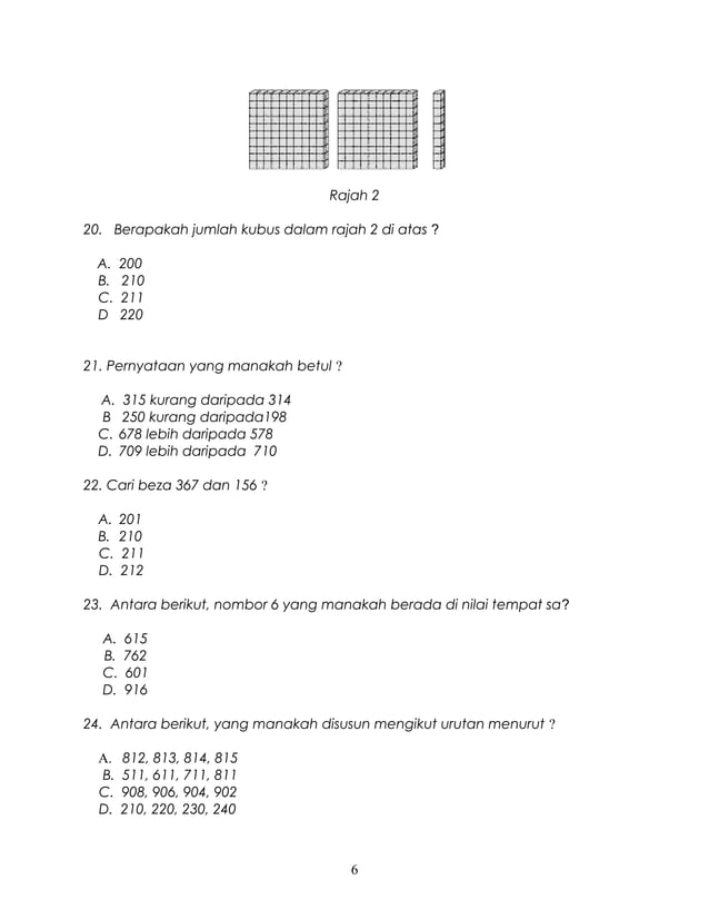 Peperiksaan pertengahan tahun matematik tahun 2 kertas 1 | DOC