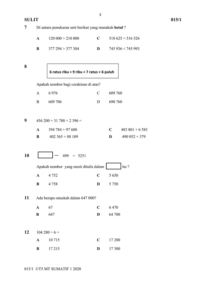 Peperiksaan pertengahan tahun matematik tahun 5 kertas 1 | PDF