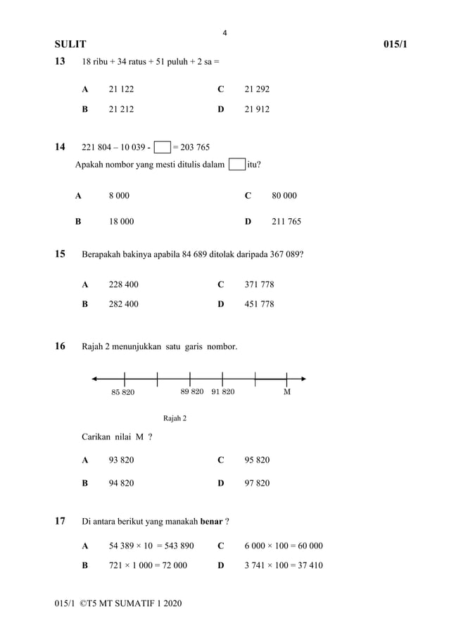 Peperiksaan pertengahan tahun matematik tahun 5 kertas 1 | PDF