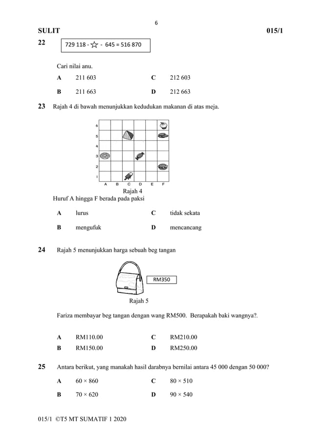 Peperiksaan pertengahan tahun matematik tahun 5 kertas 1 | PDF