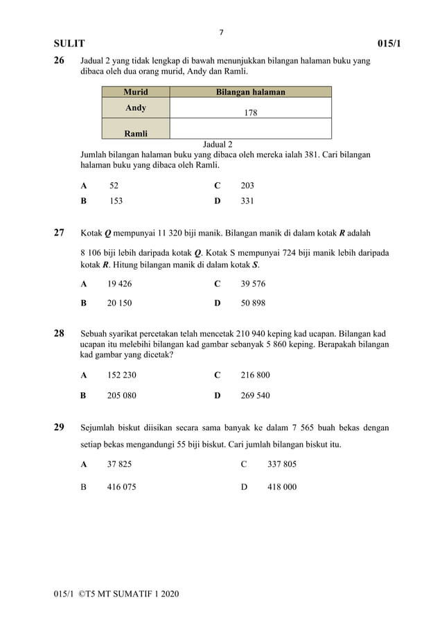 Peperiksaan pertengahan tahun matematik tahun 5 kertas 1 | PDF
