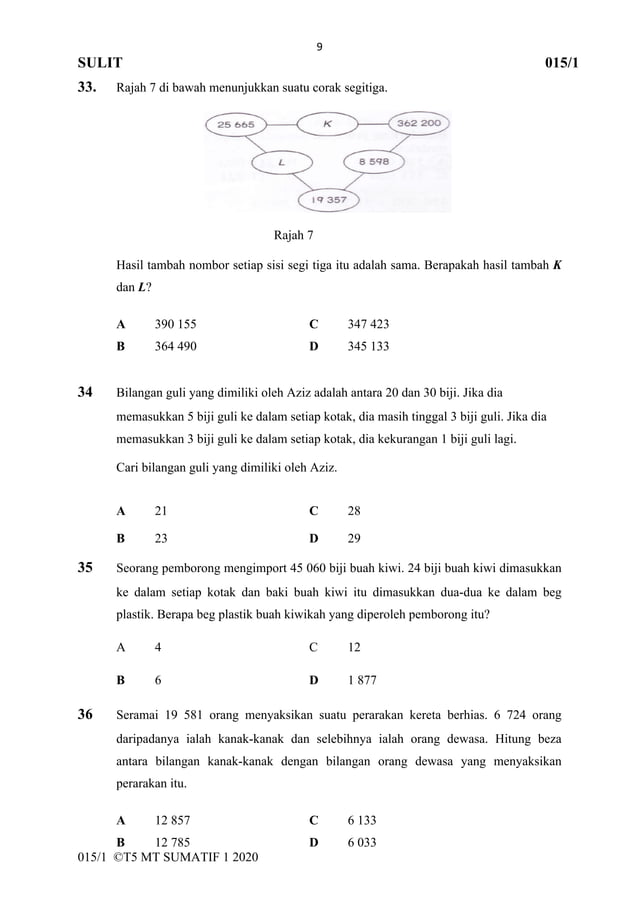 Peperiksaan pertengahan tahun matematik tahun 5 kertas 1 | PDF