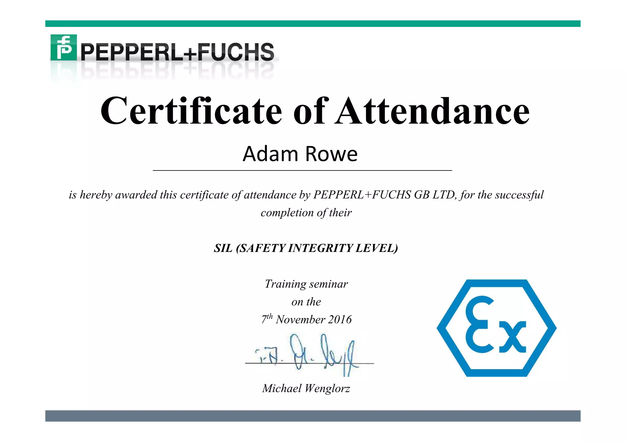 Pepperl & Fuchs SIL Training Certificate - T&D Adam Rowe | PDF