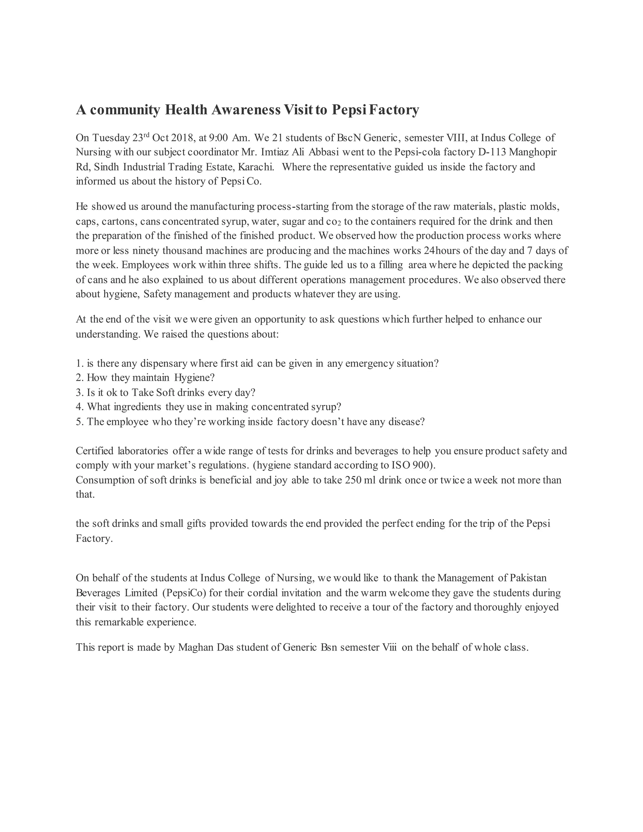 Pepsi cola factory visit report by maghan das | DOCX