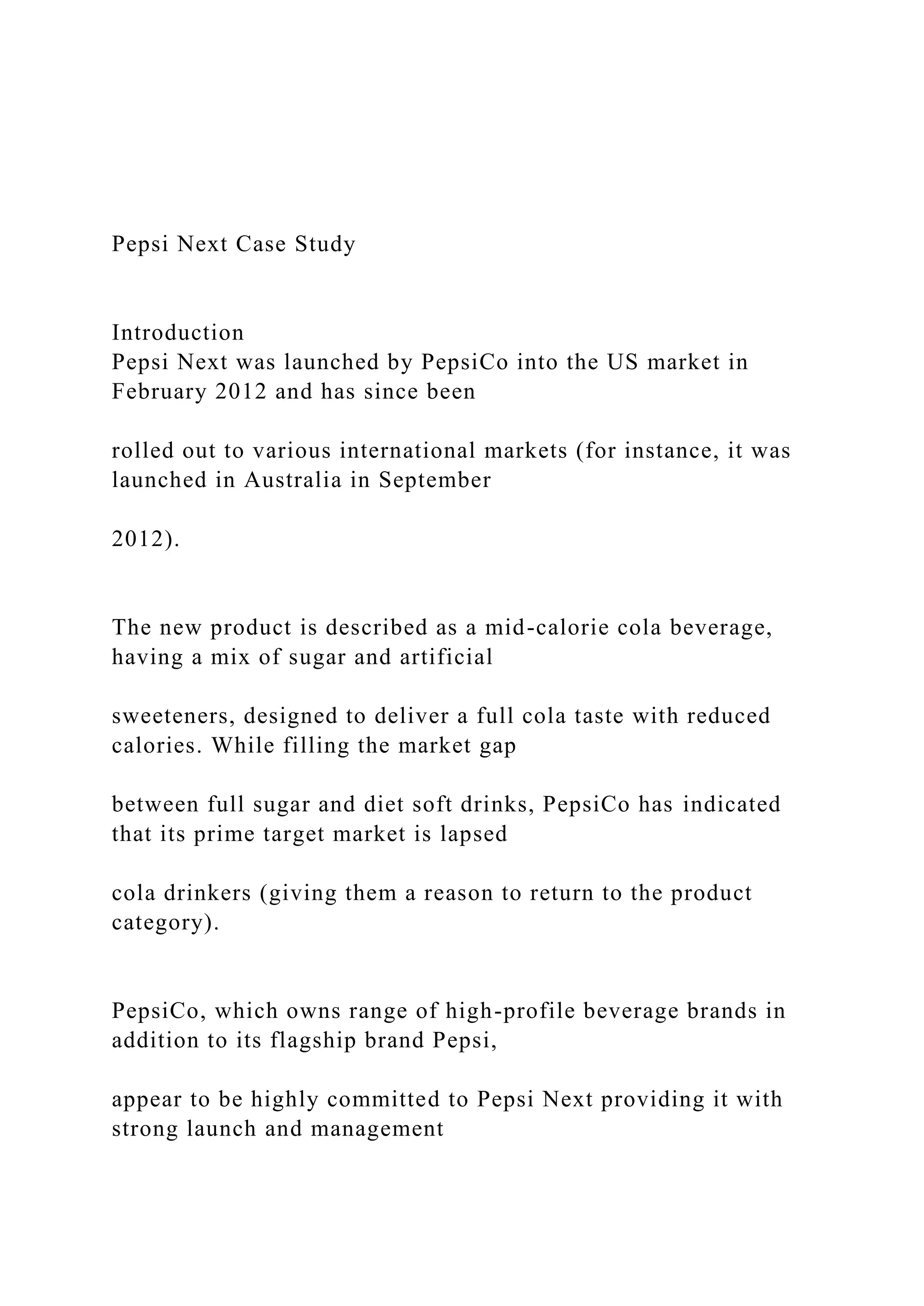 Pepsi Next Case Study Introduction Pepsi Next was la.docx