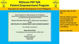 ROJoson PEP Talk: Patient Story: Breast Ca Screening in a Family | PPTX