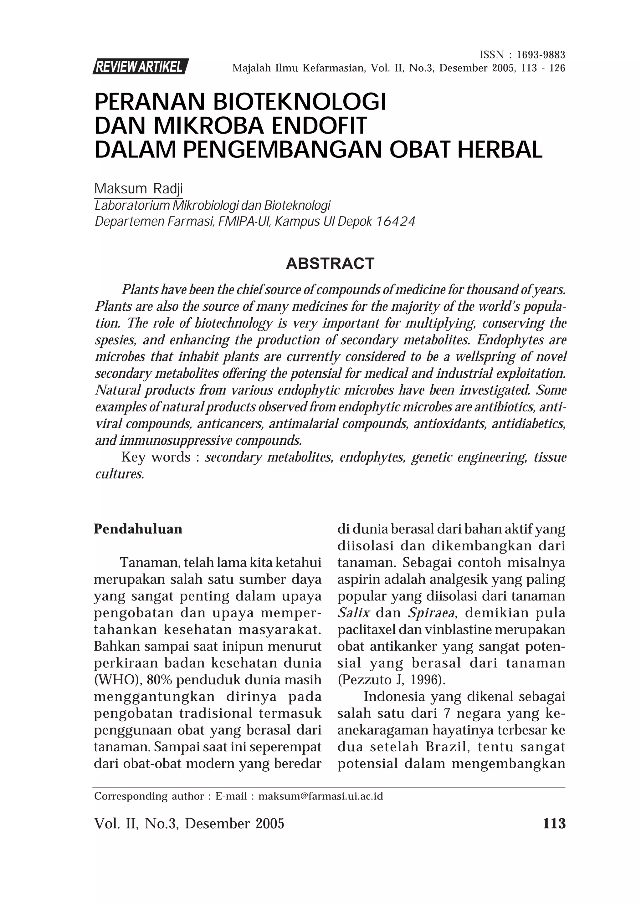 Peranan bioteknologi dan mikroba endofit dalam pengembangan obat herbal ...