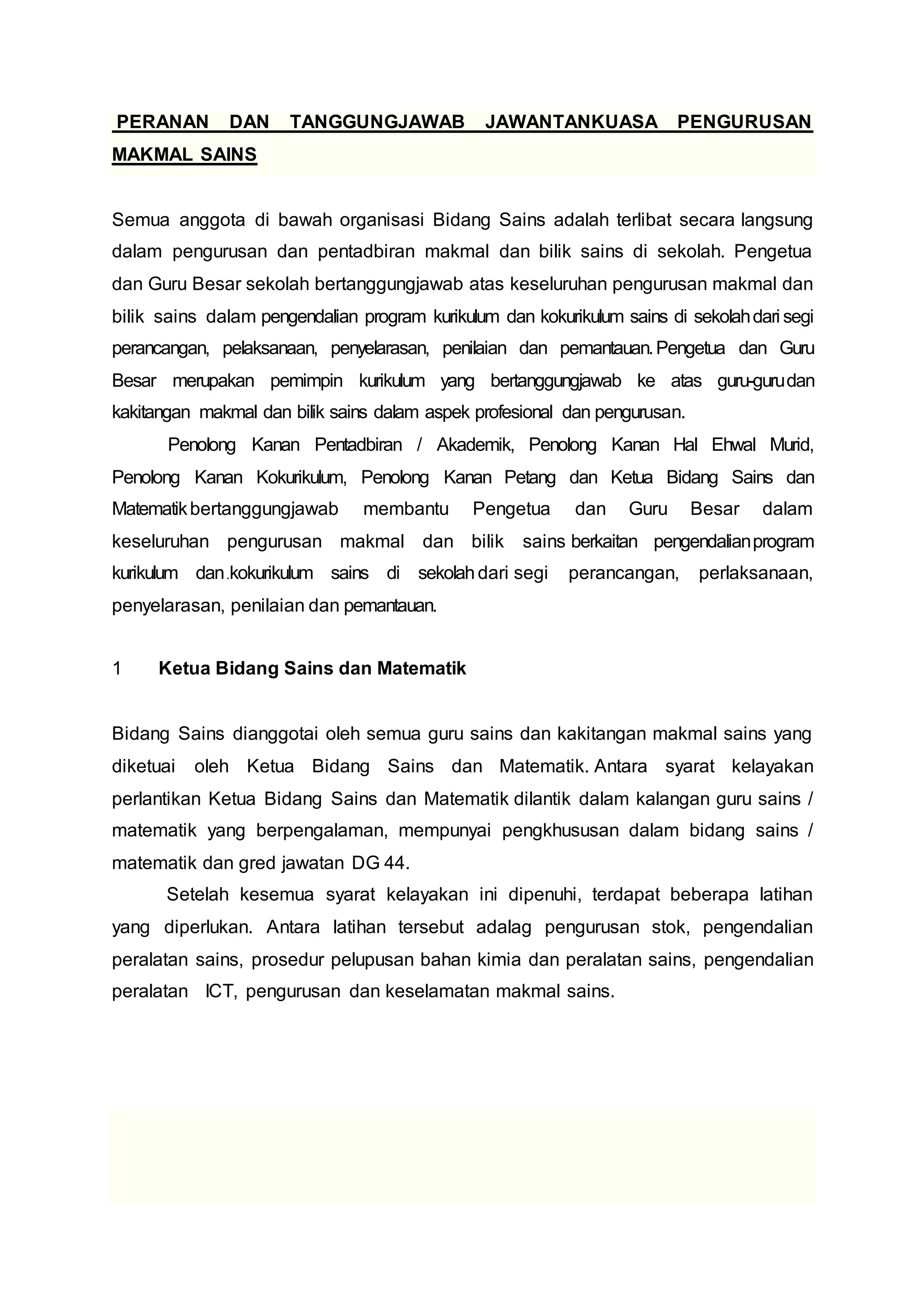 Peranan dan tanggungjawab jawantankuasa pengurusan makmal sains | DOCX