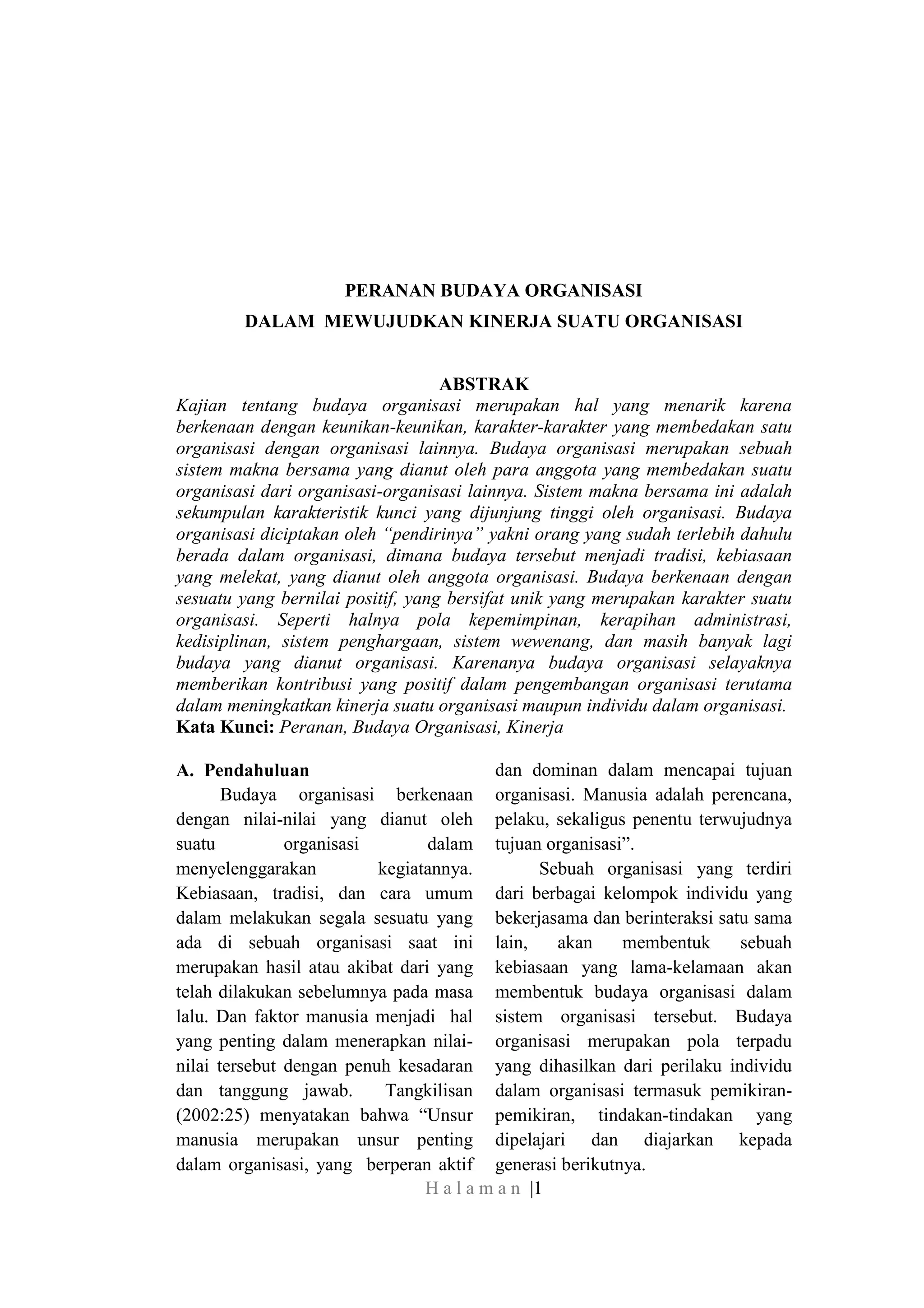 Peran Budaya Organisasi dalam Mewujudkan Kinerja Organisasi | PDF