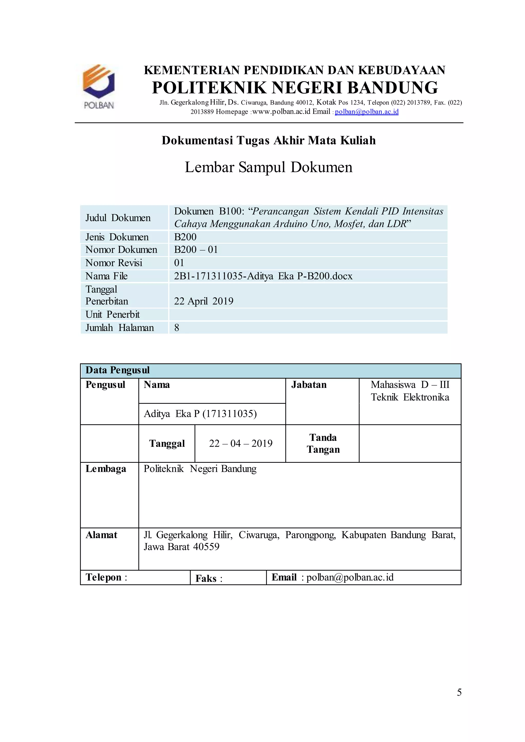 Perancangan sistem kendali pid intensitas cahaya dengan arduino uno ...