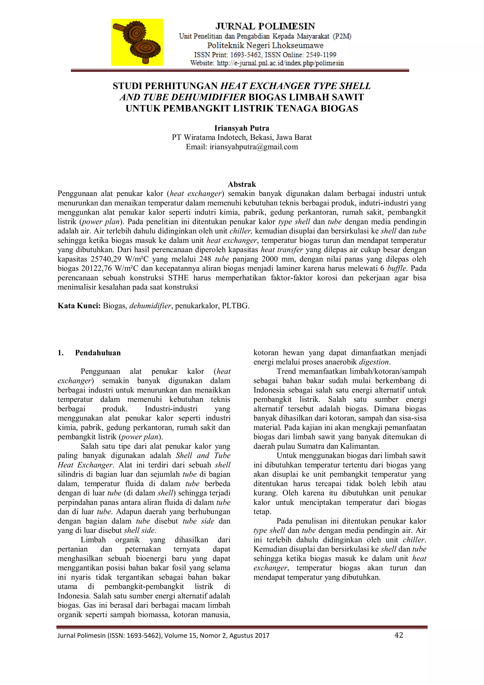 STUDI PERHITUNGAN HEAT EXCHANGER TYPE SHELL AND TUBE DEHUMIDIFIER ...