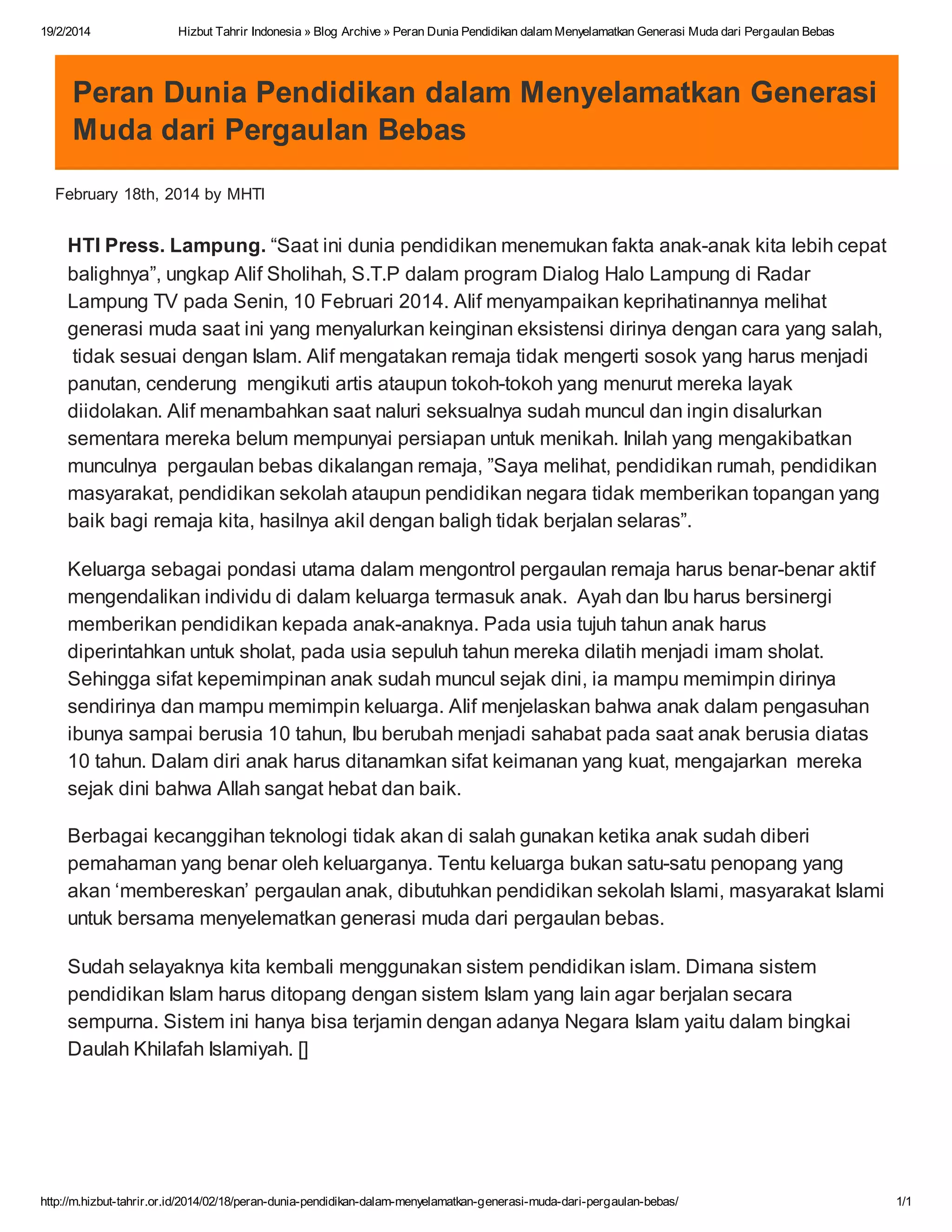 Peran dunia pendidikan dalam menyelamatkan generasi muda dari pergaulan bebas | PDF