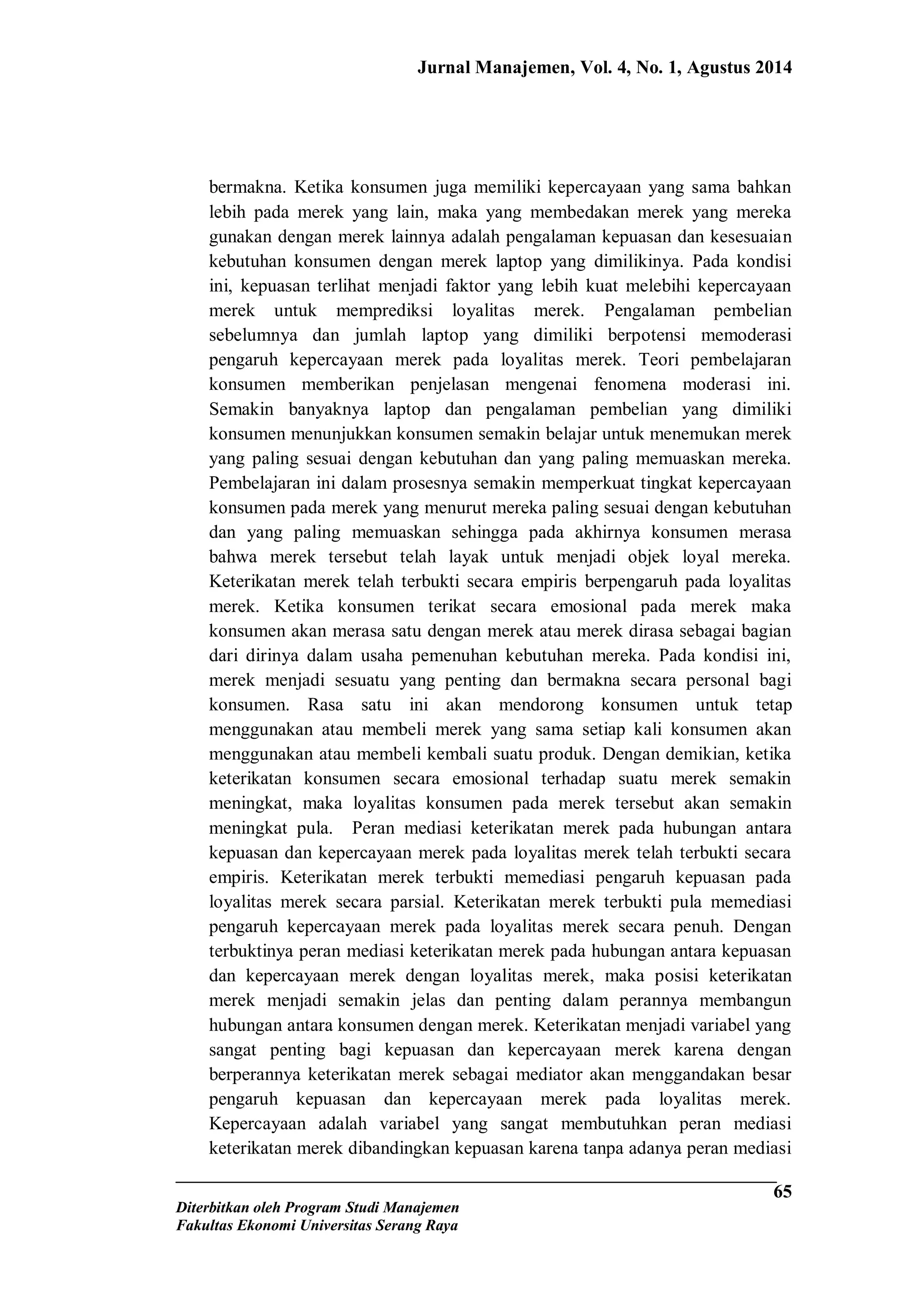 Peran keterikatan merek dalam membangun loyalitas pelanggan | PDF