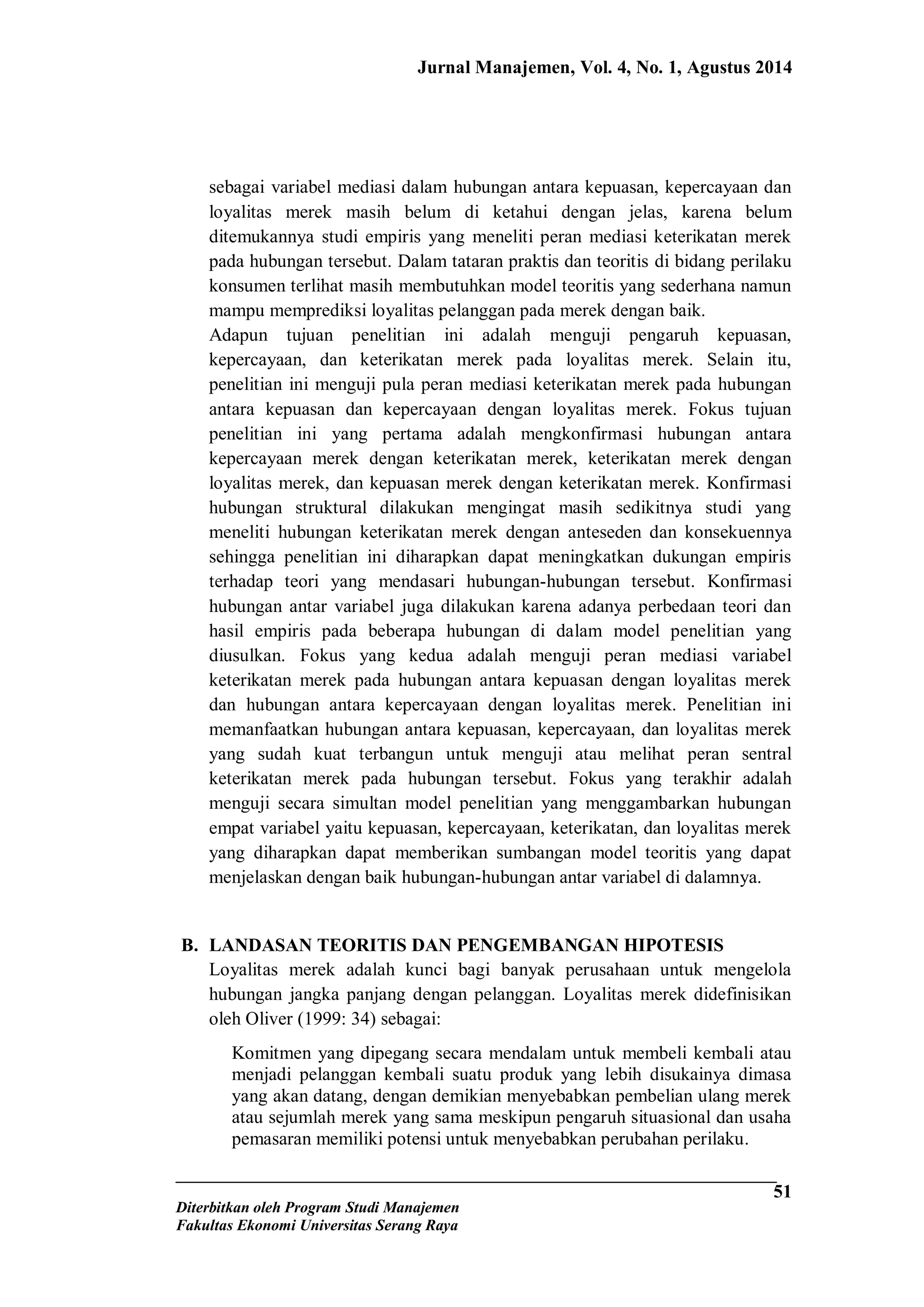 Peran keterikatan merek dalam membangun loyalitas pelanggan | PDF