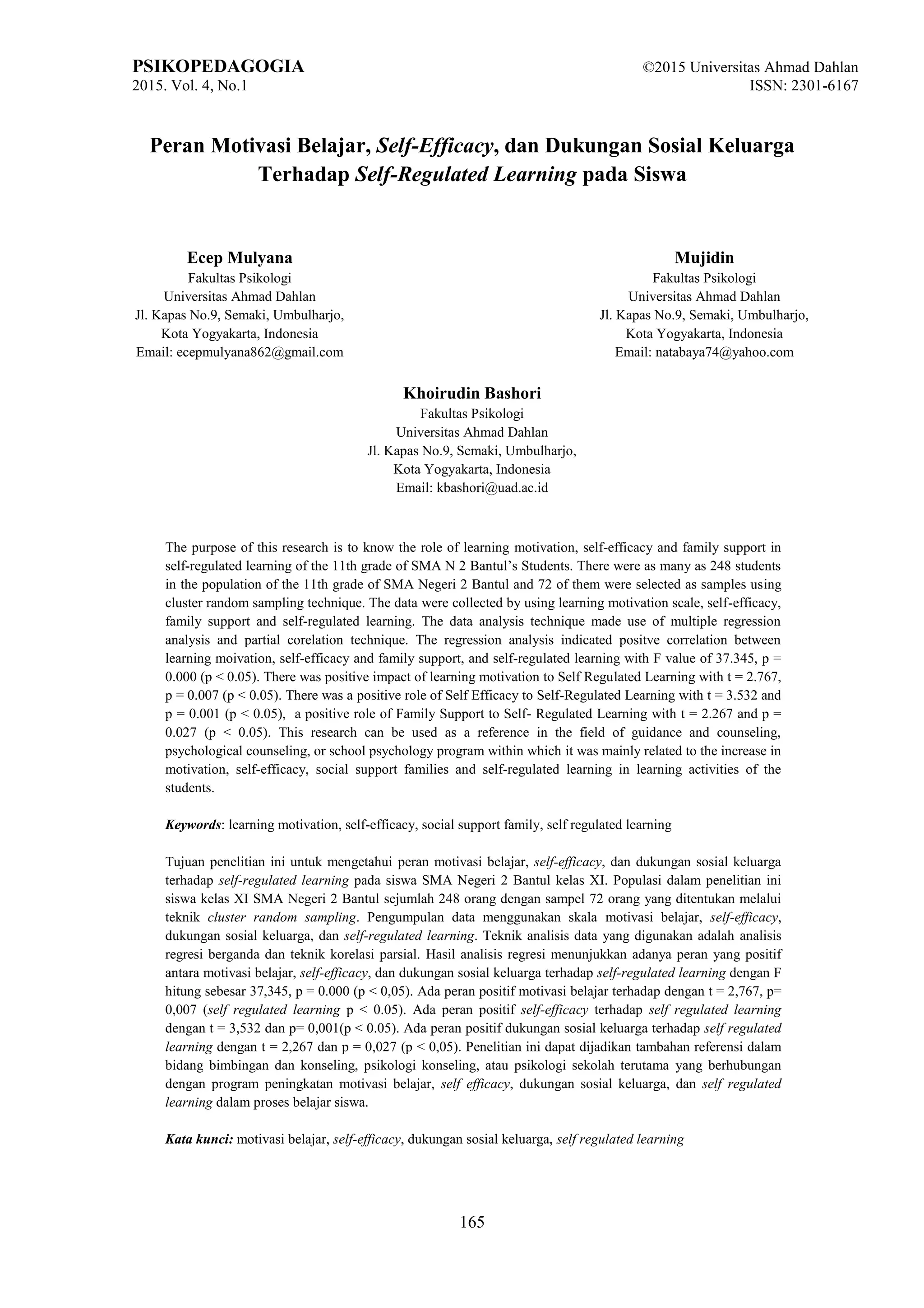 Peran motivasi belajar, self efficacy, dan dukungan sosial keluarga terhadap self-regulated ...