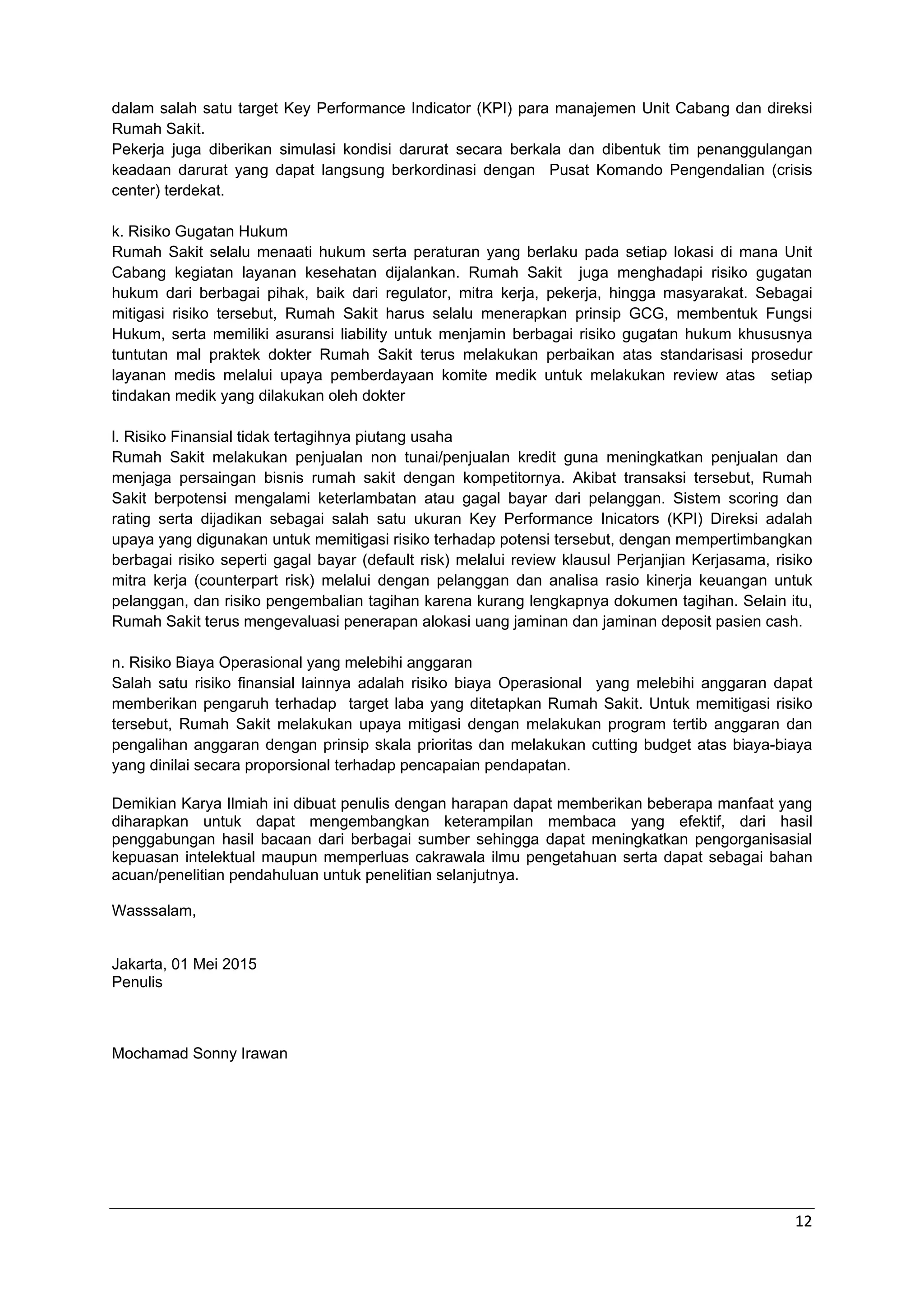 Peran pengelolaan manajemen risiko dalam pencapaian target kinerja ...