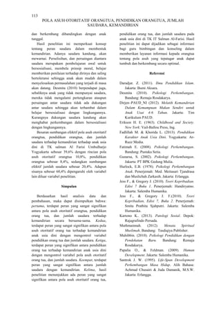 Peran pola asuh otoritatif orang tua, pendidikan orang tua dan jumlah saudara terhadap ...