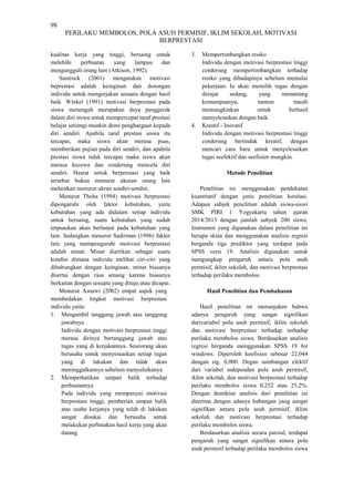 Peran pola asuh permisif, iklim sekolah, dan motivasi berprestasi terhadap perilaku membolos ...