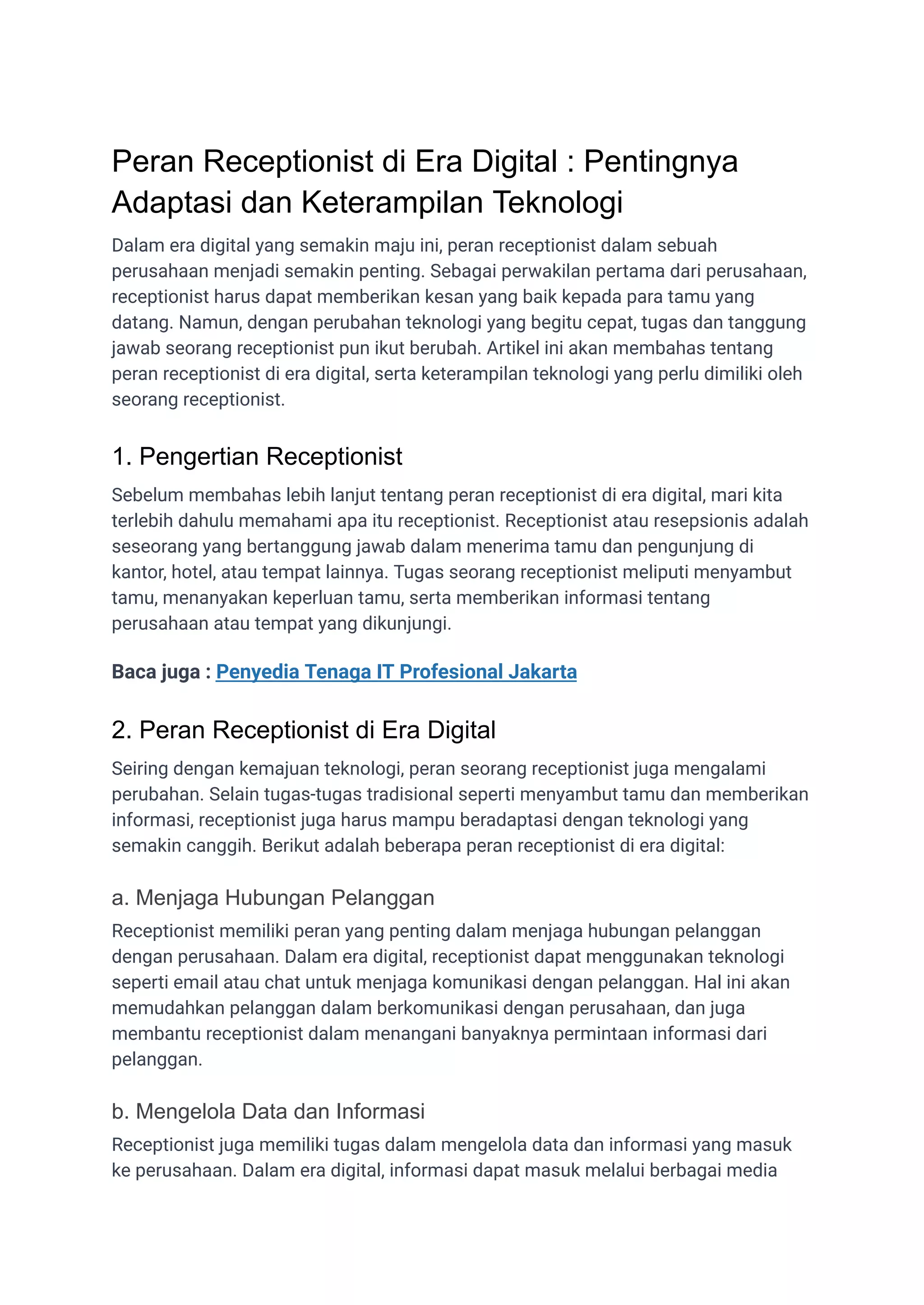 Peran Receptionist di Era Digital : Pentingnya Adaptasi dan ...