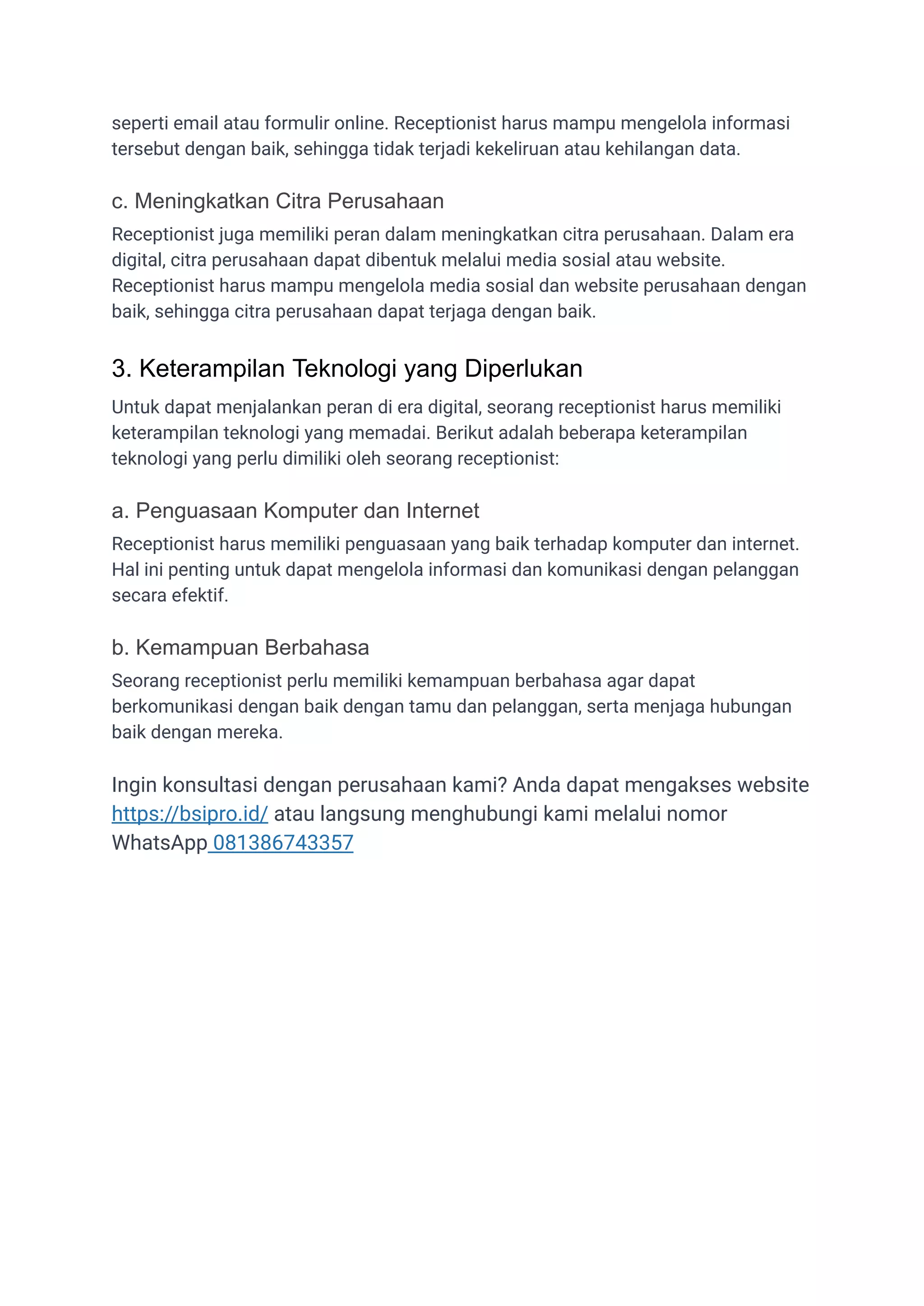 Peran Receptionist di Era Digital : Pentingnya Adaptasi dan Keterampilan Teknologi | PDF