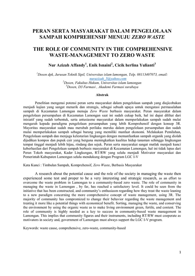 Peran serta masyarakat dalam pengelolaan sampah komprehensif menuju zero waste | PDF