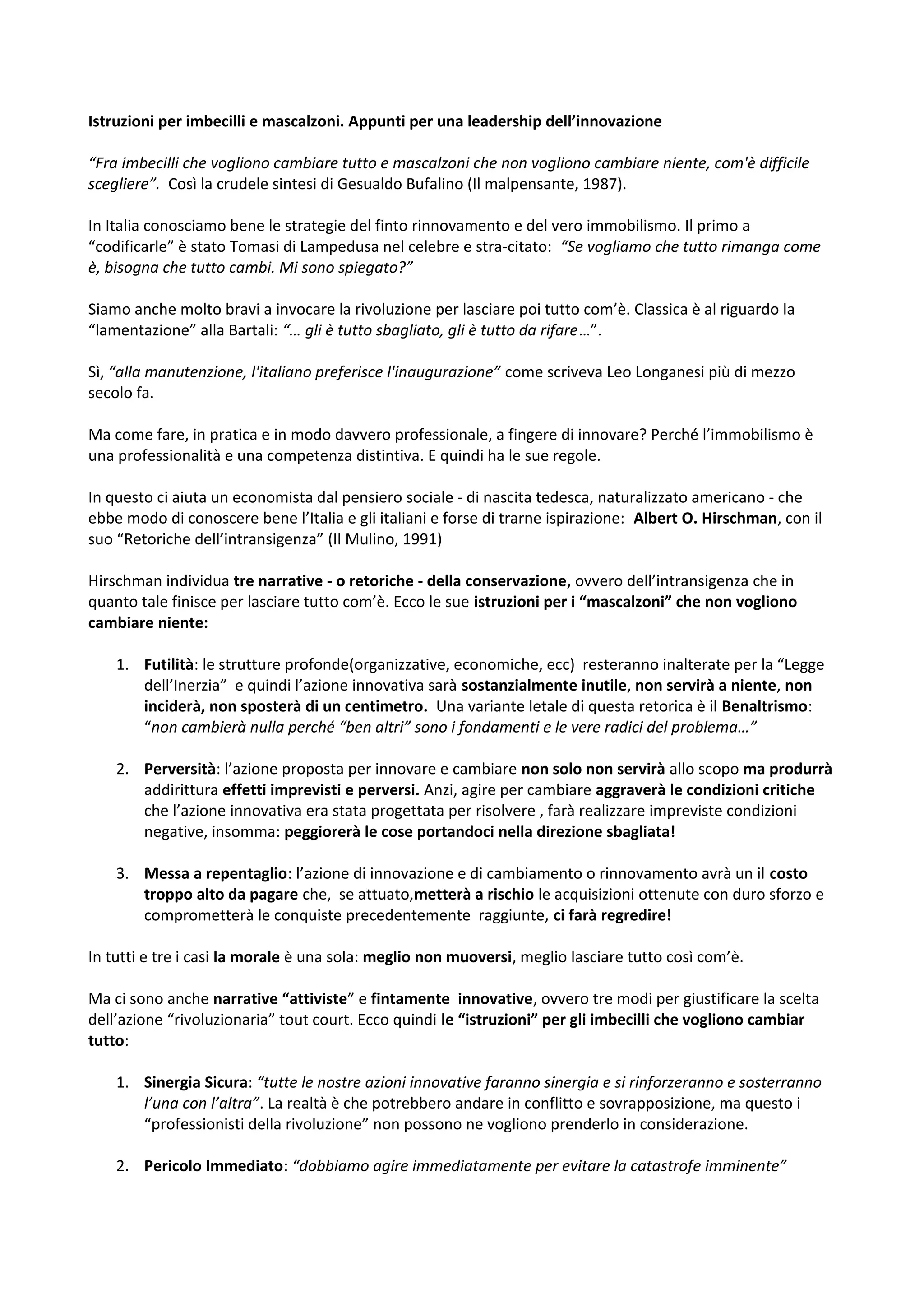 Istruzioni per imbecilli e mascalzoni. Appunti per una leadership dell ...