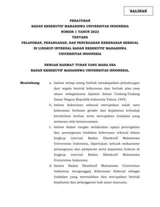Peraturan BEM UI 2023 tentang Pelaporan, Penanganan, dan Pencegahan Kekerasan Seksual di Lingkup ...