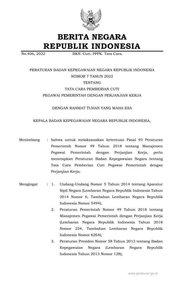 Peraturan BKN No 7 Tahun 2022 tentang Tata Cara Pemberian Cuti Pegawai Pemerintah Dengan ...