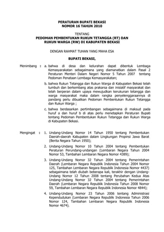 Peraturan bupati bekasi no 16 tahun 2010 tentang pedoman pembentukan ...