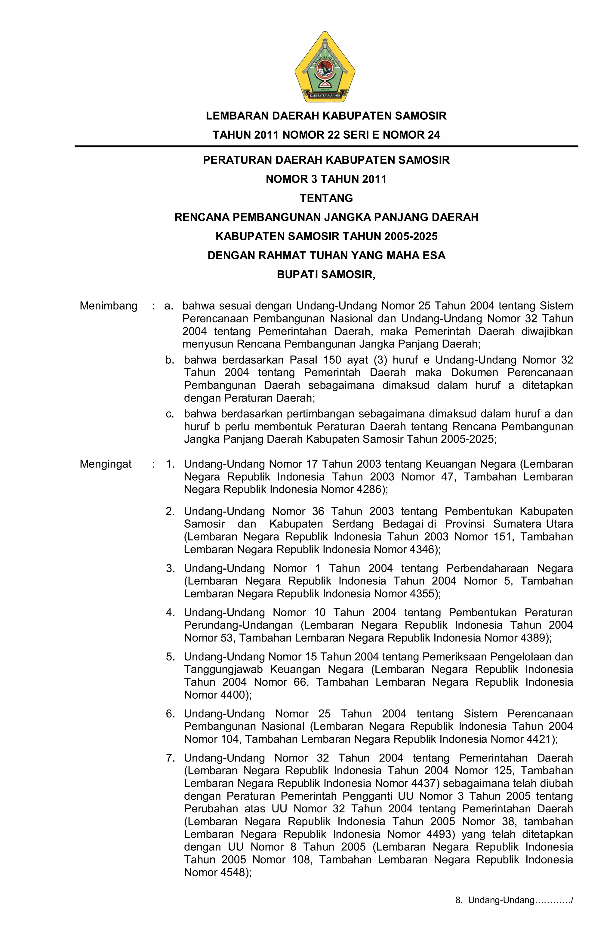 PERATURAN DAERAH KABUPATEN SAMOSIR TENTANG RENCANA PEMBANGUNAN JANGKA ...