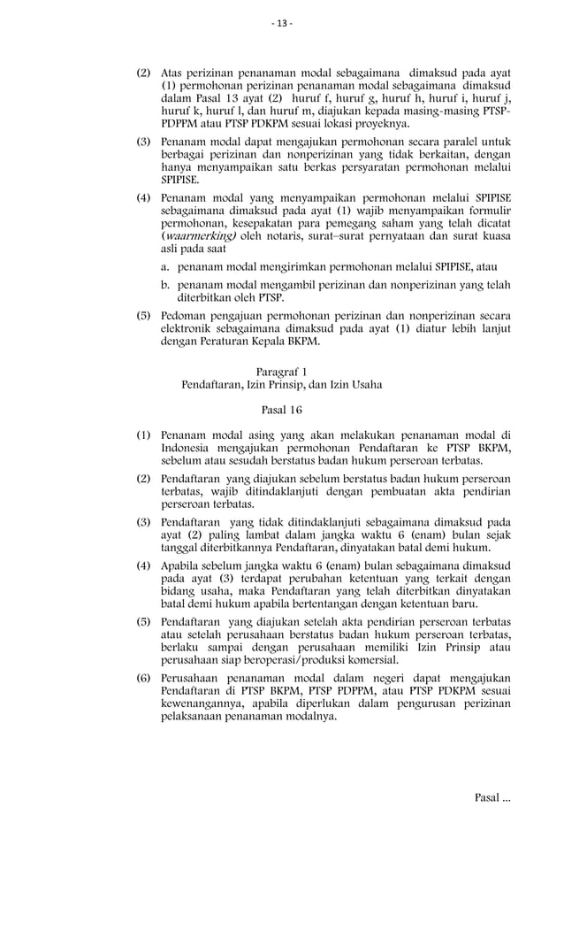 Peraturan kepala bkpm no. 12 tahun 2009 tentang pedoman dan tata cara permohonan penanaman modal ...