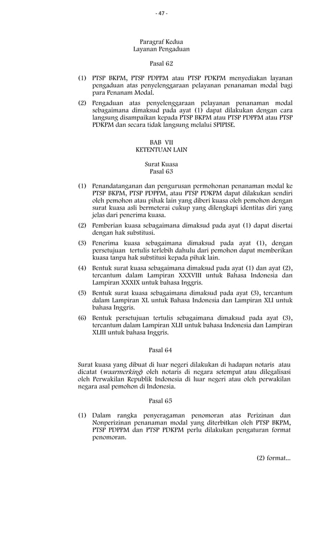 Peraturan kepala bkpm no. 12 tahun 2009 tentang pedoman dan tata cara permohonan penanaman modal ...