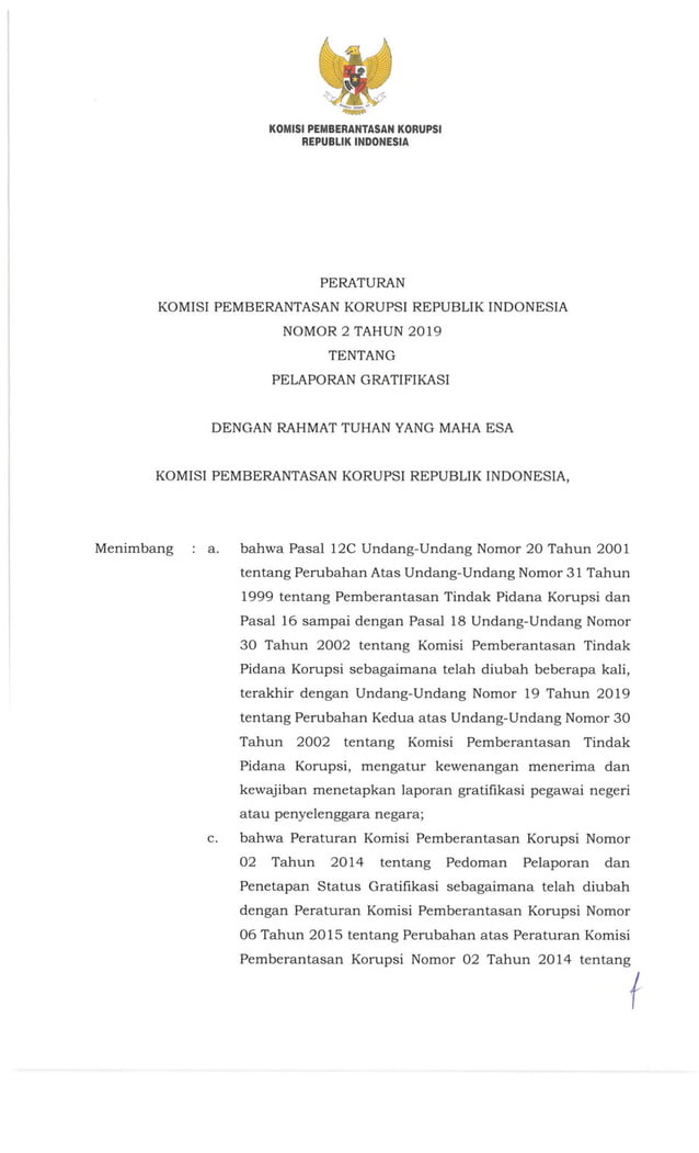 Peraturan KPK no 2 tahun 2019 tentang pelaporan gratifikasi | PDF
