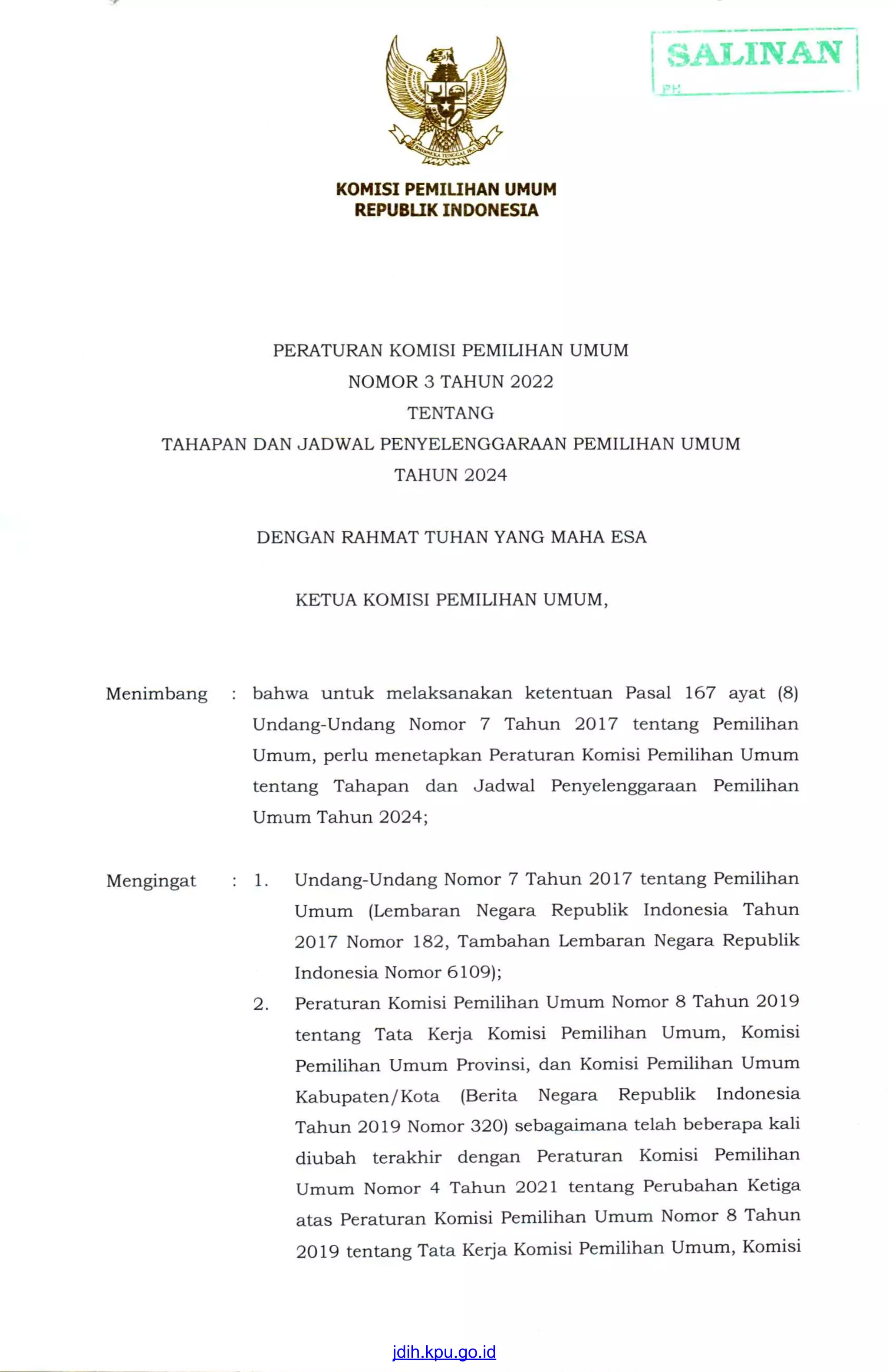 Peraturan KPU Nomor 3 Tahun 2022 | PDF