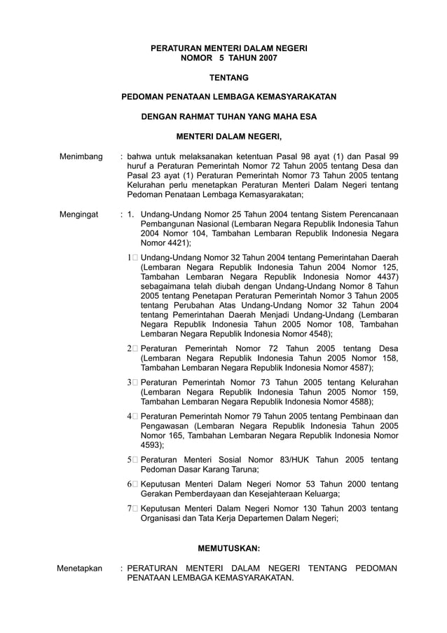 Peraturan menteri dalam negeri nomor 5 tahun 2007 tentang pedoman penataan lembaga ...