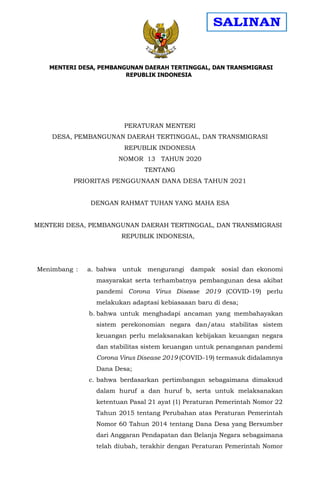 Peraturan Menteri Desa, PDTT Nomor 13 tahun 2020 tentang prioritas ...