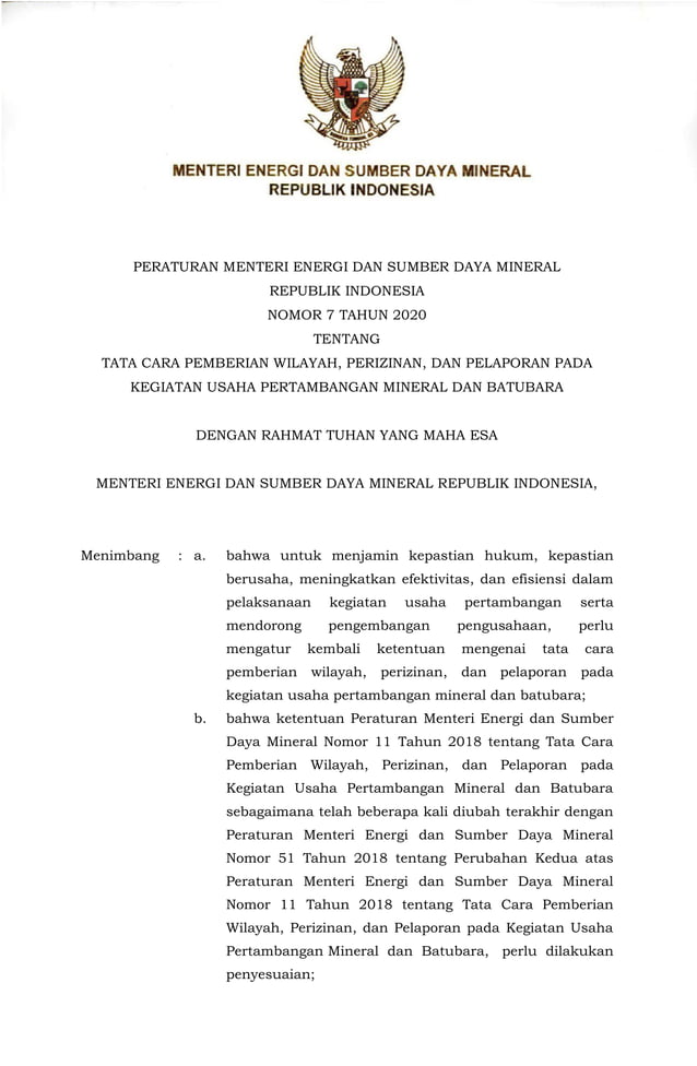 Peraturan menteri esdm nomor 7 tahun 2020 | PDF