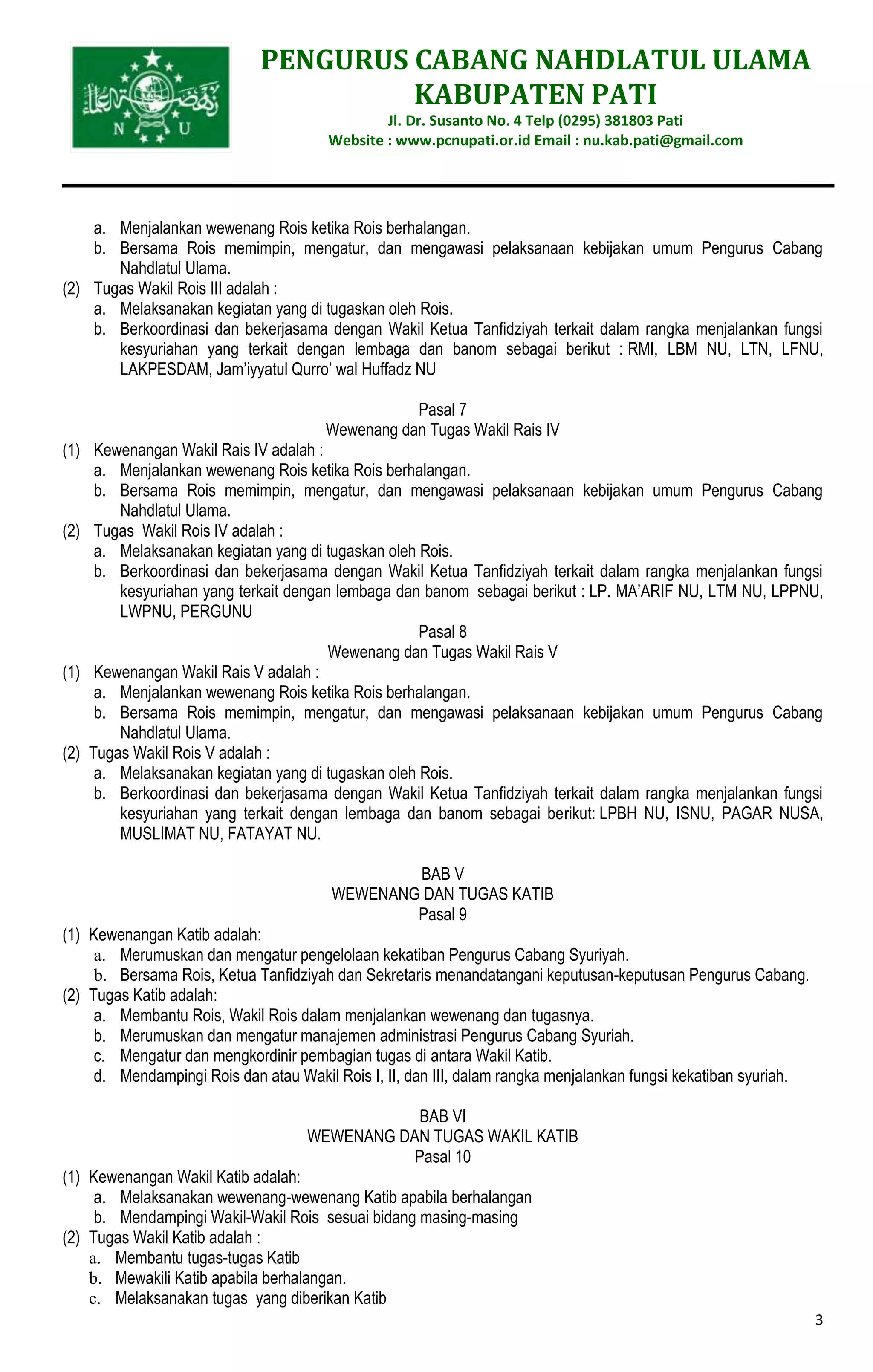 Peraturan organisasi tentang pembagian tugas dan wewenang pcnu kab ...