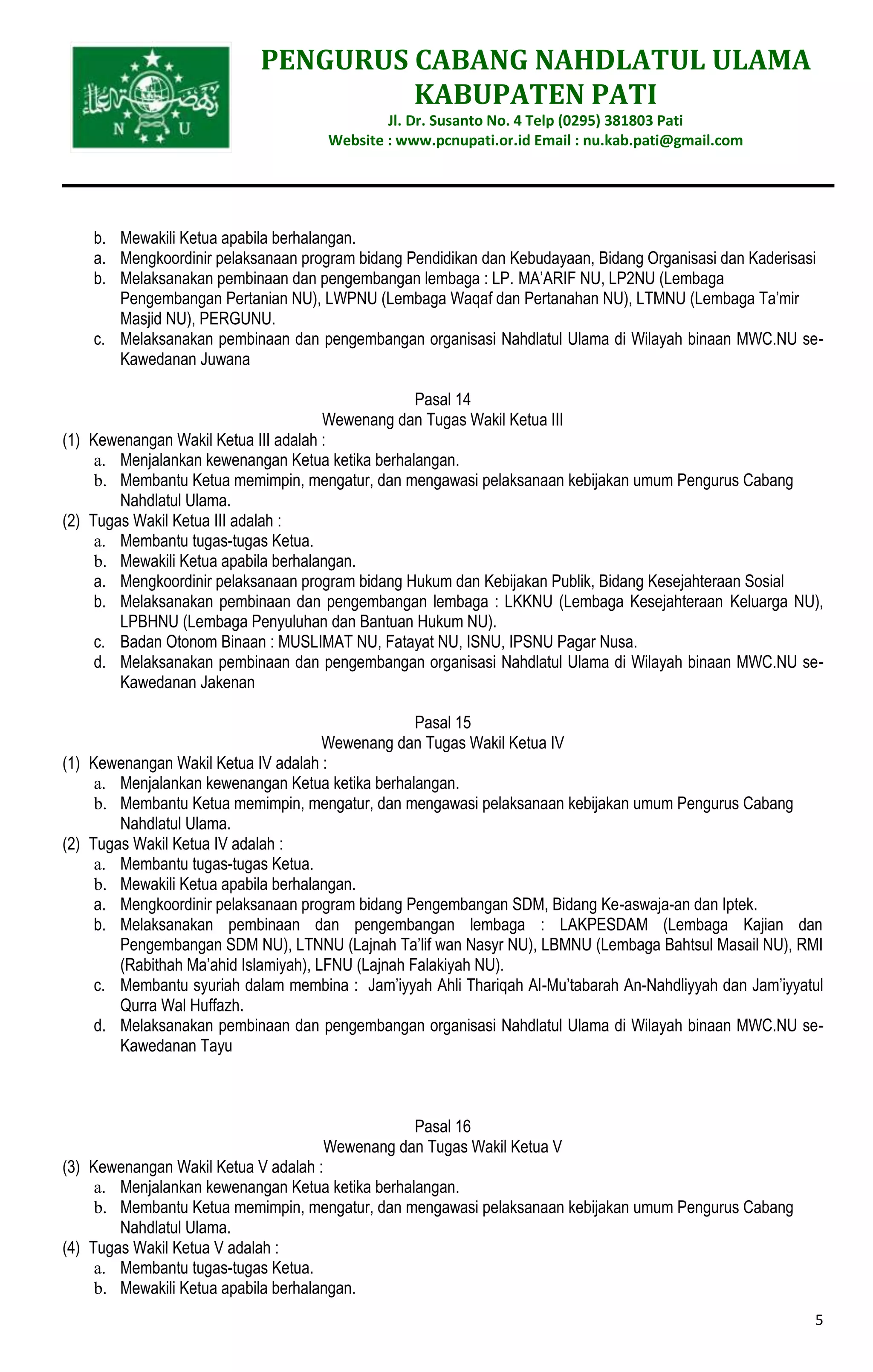 Peraturan organisasi tentang pembagian tugas dan wewenang pcnu kab ...
